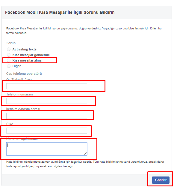 Facebook Mobil Kısa Mesajlar İle İlgili Sorunu Bildirin