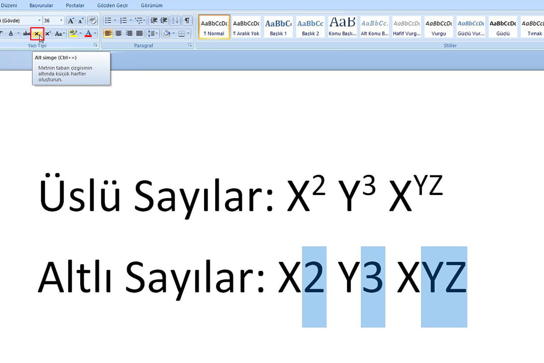 Word'de Üslü ve Altlı sayılar nasıl yapılır?